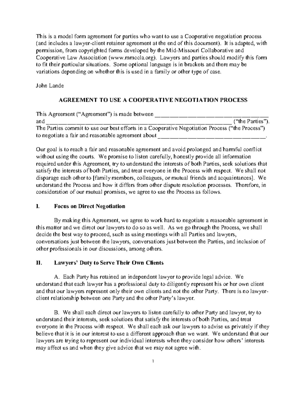 Lande Cooperative negotiation agreement - This is a model form ...