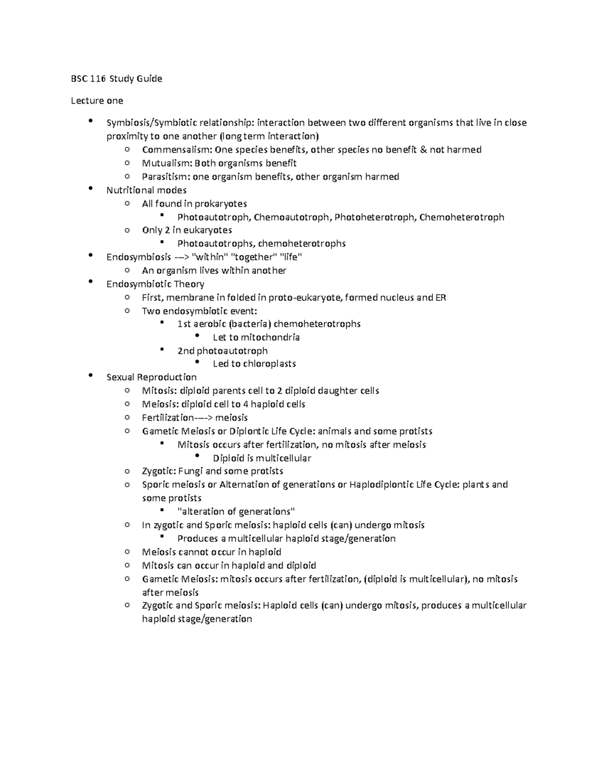 BSC116Exam2Study Guide - BSC 116 Study Guide Lecture one Symbiosis ...