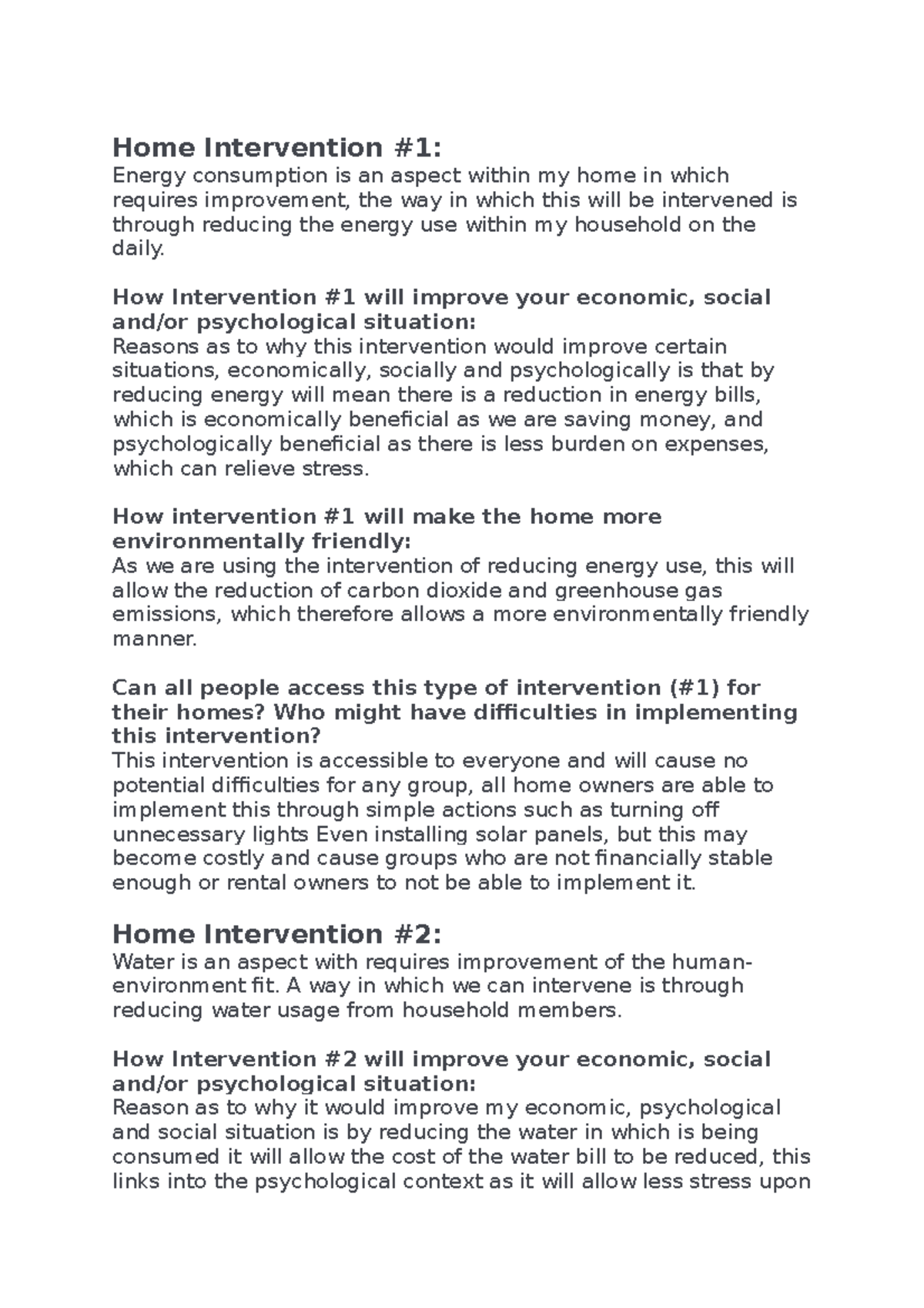 Home Intervention - assignment activity - 101182 - UWS - Studocu