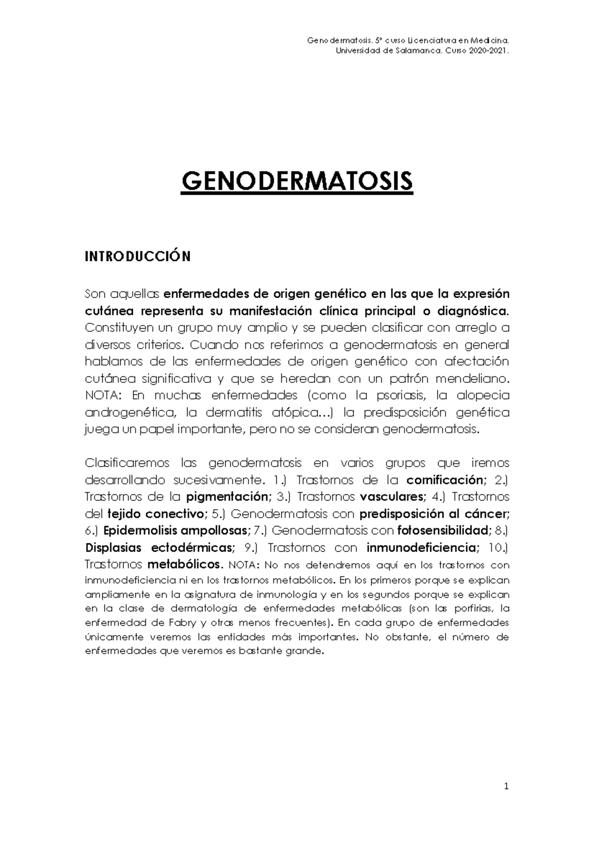 Tema 27. Genodermatosis Clase 2020 - Universidad de Salamanca. Curso 20 ...