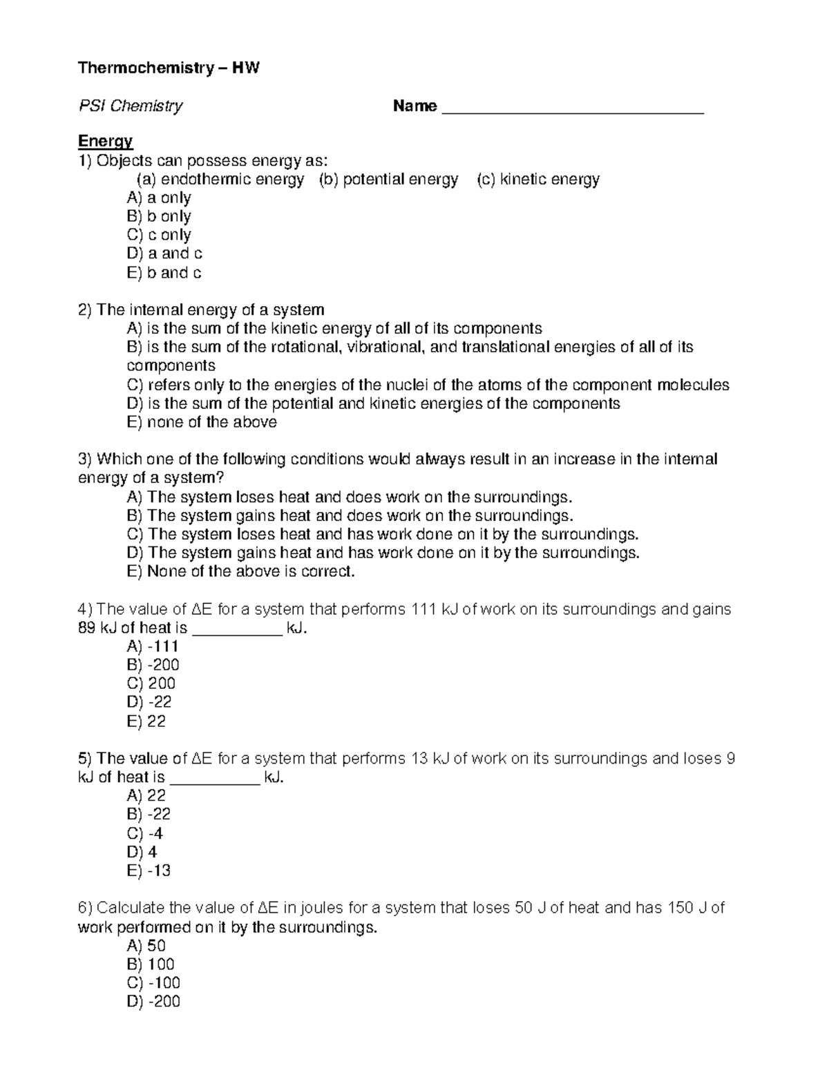 Thermochemistry multiple choice 2009 05 13[483] - Thermochemistry – HW ...
