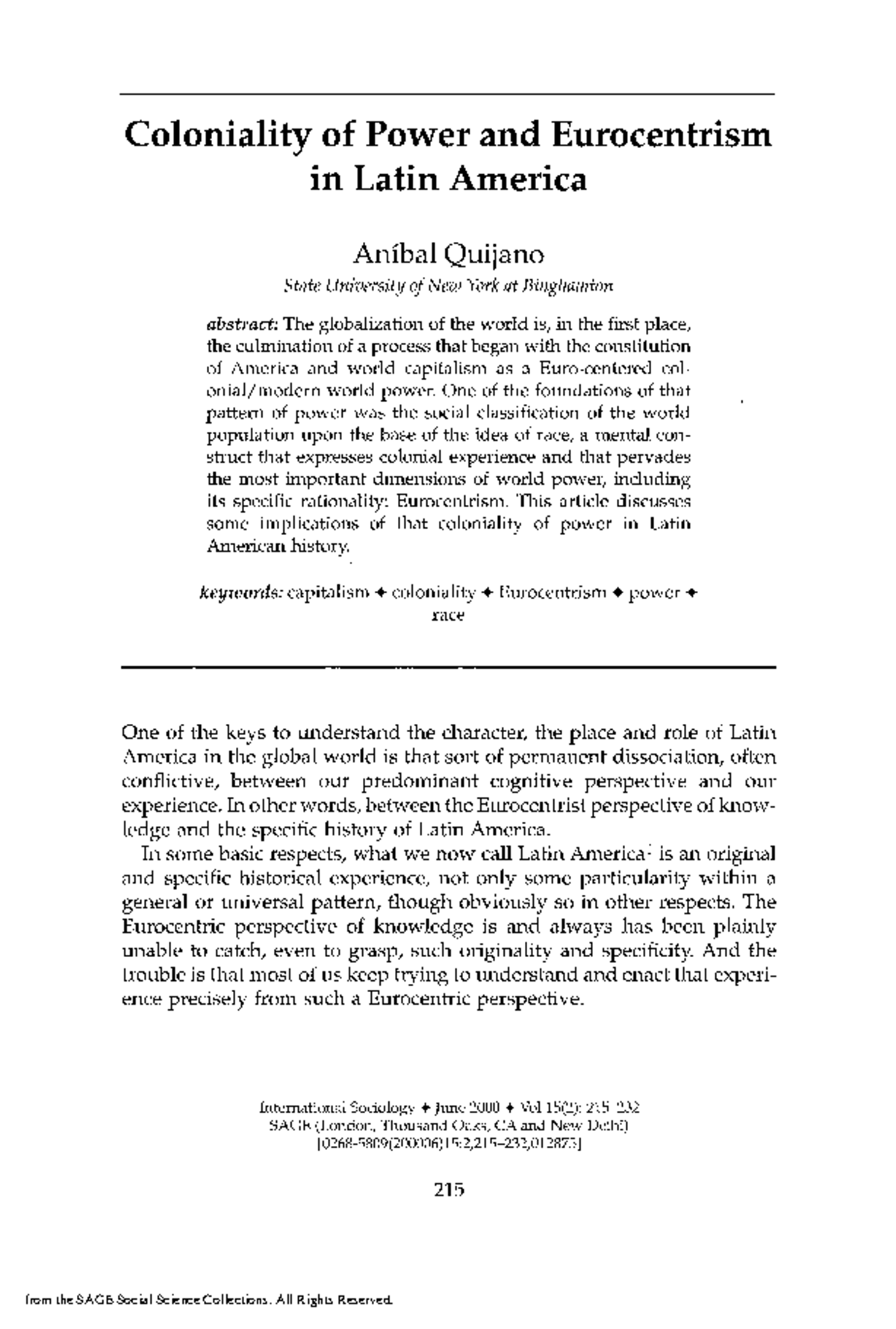 Anibal quijano - notes/assignment in great detail! - Coloniality of ...