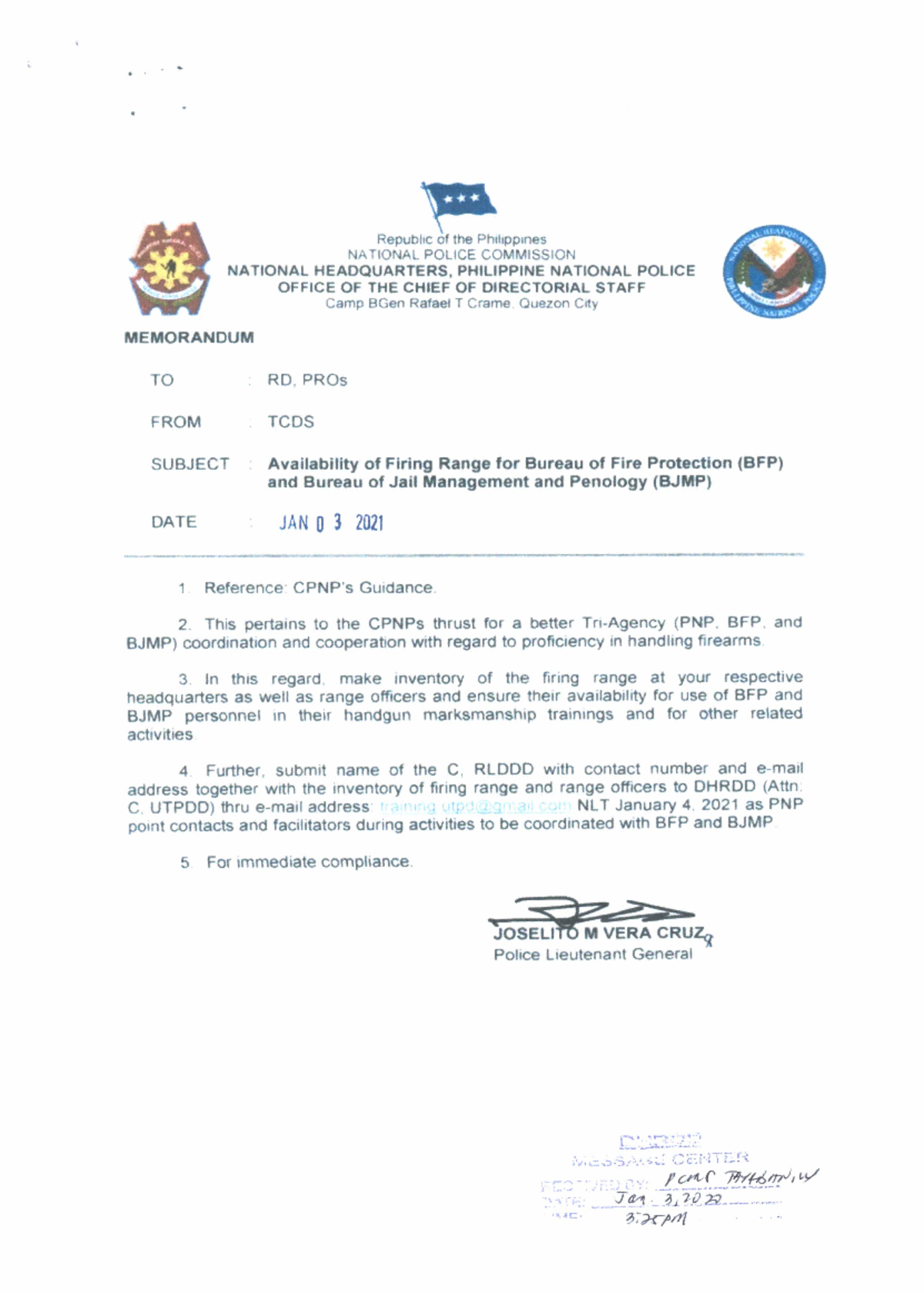 Availability OF Firing Range FOR Bureau OF FIRE (BFP) AND Bureau OF ...