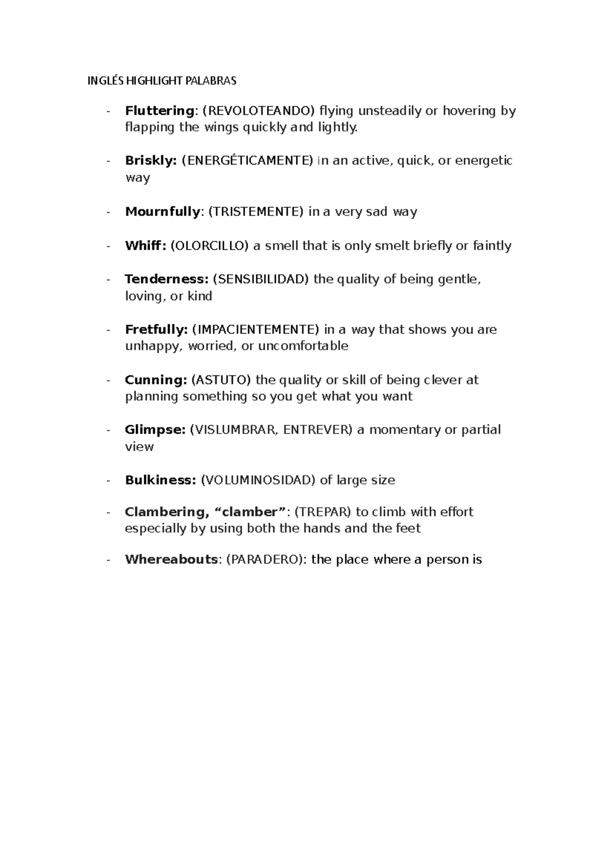 Inglés Highlight Palabras - INGLÉS HIGHLIGHT PALABRAS Fluttering ...