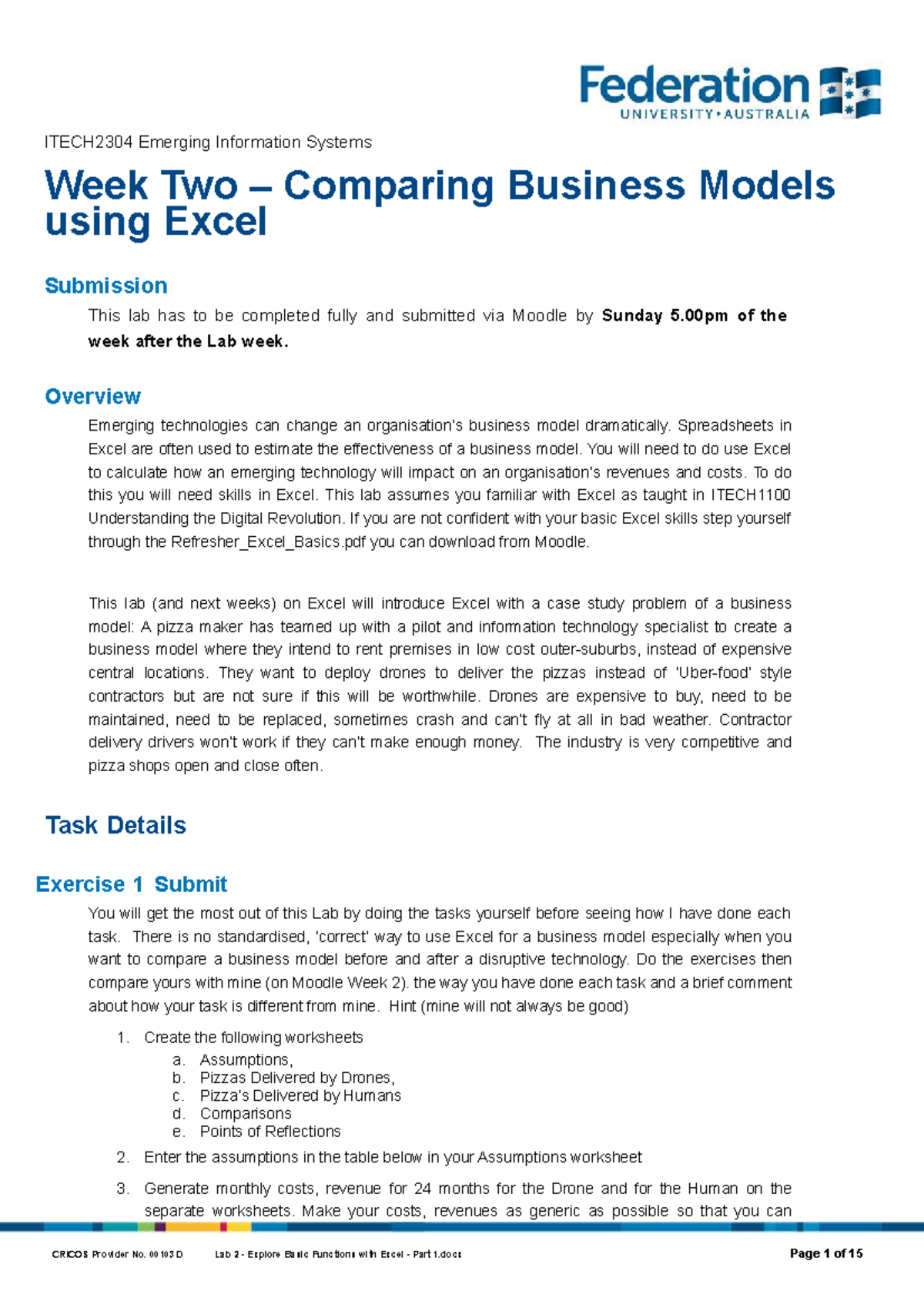 Lab 2 - Compare Business Models with Excel - ITECH2304 Emerging ...