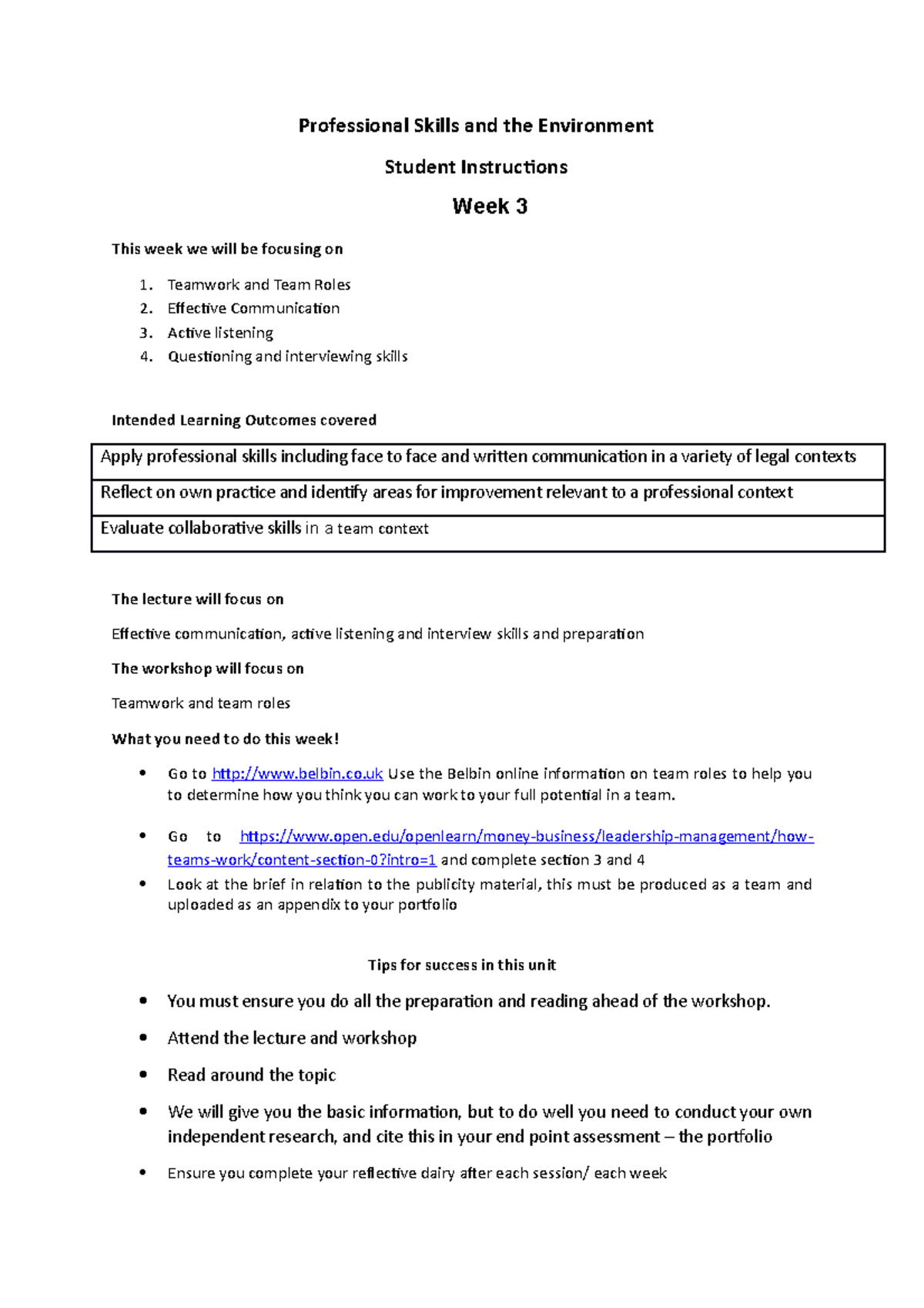 Week 3 Student instructions - Professional Skills and the Environment ...