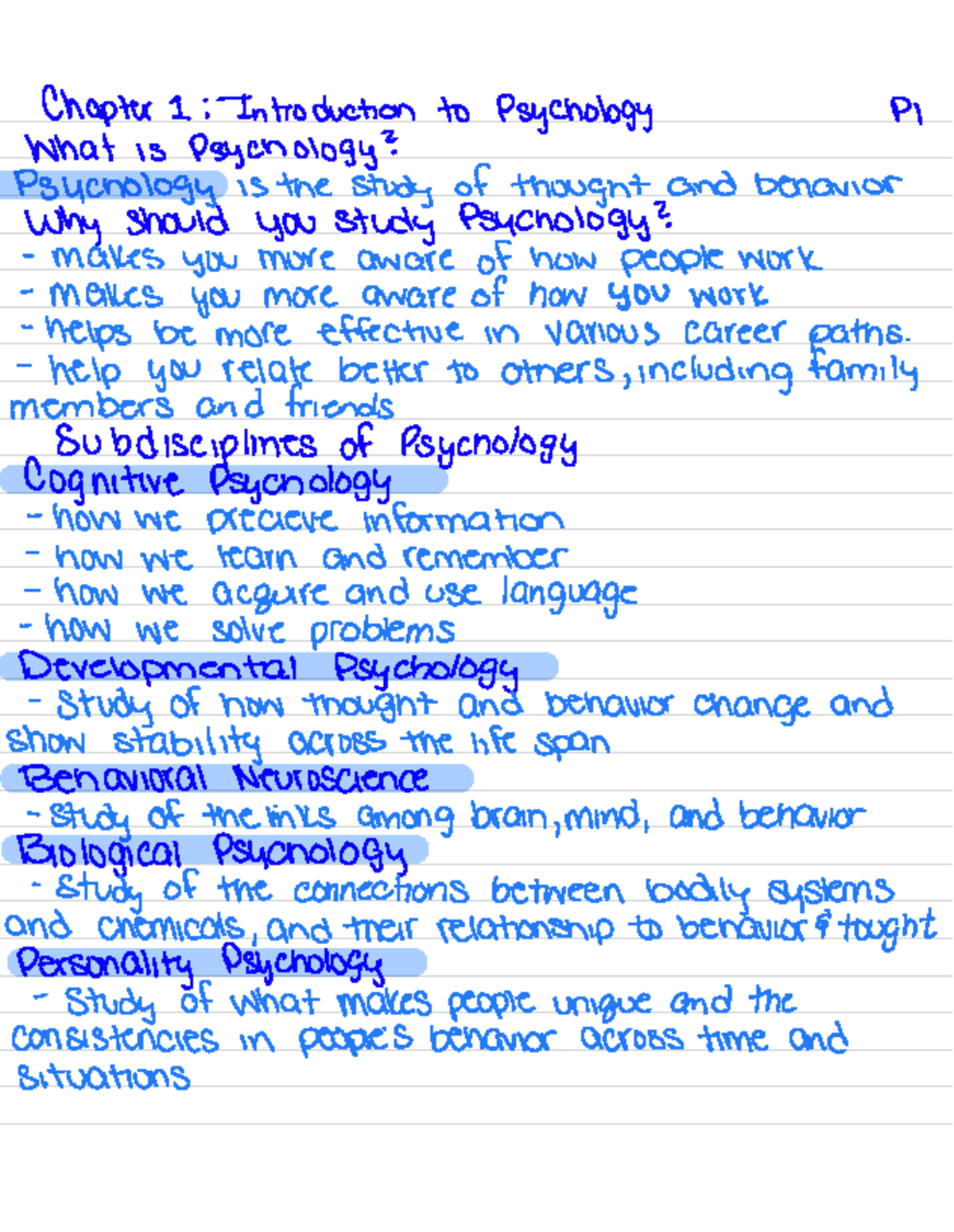 Chapter 1 Notes - Chapter 2 : Introduction to Psychology P what is ...