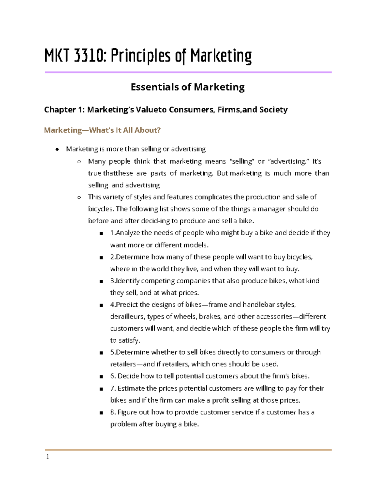 MKT 3310 Principles of Marketing notes - MKT 3310: Principles of ...