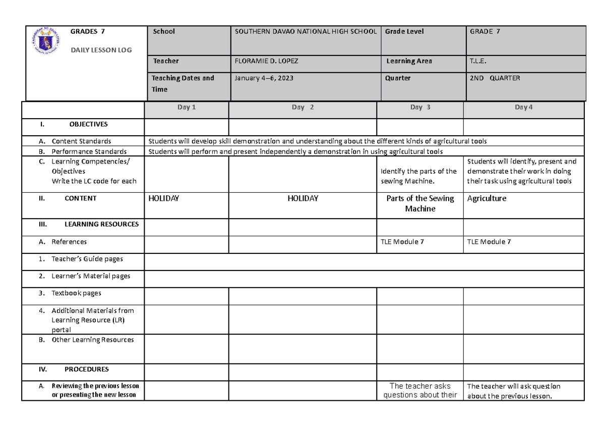 DLL-TLE- Nunez - Dressmaking - GRADES 7 DAILY LESSON LOG School ...