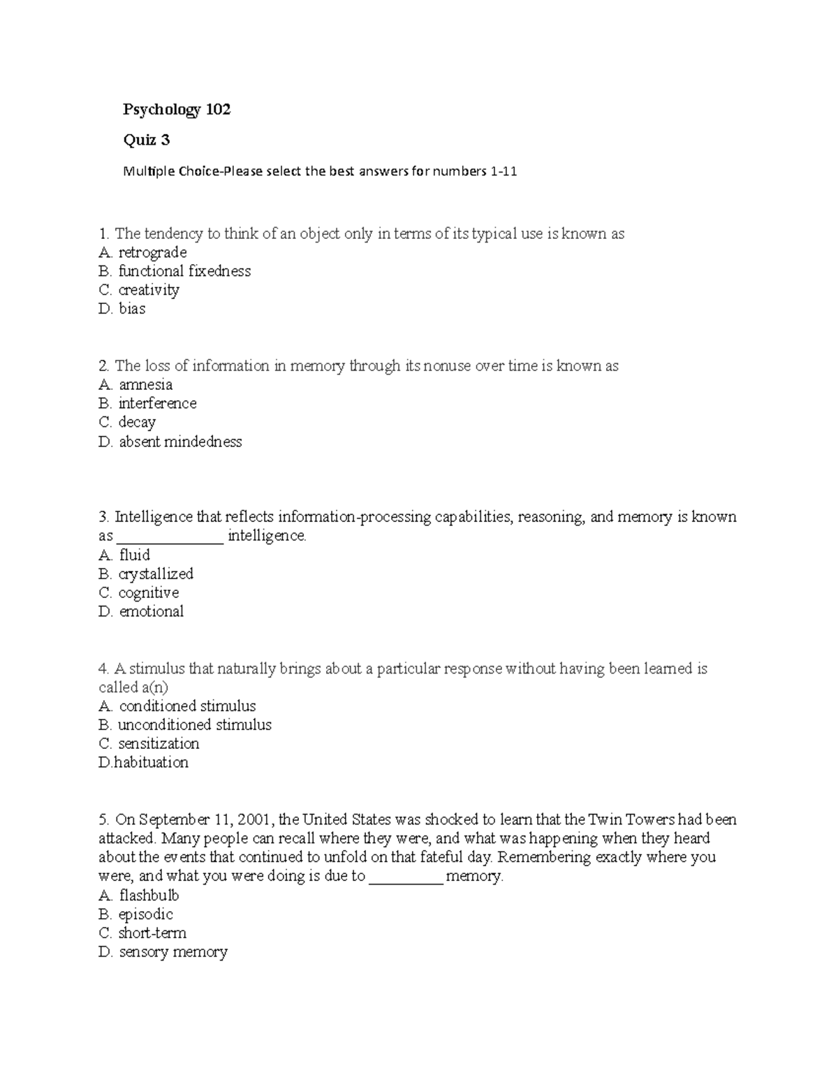 Psychology 102 Quiz 3 Spring 22 a r - Psychology 102 Quiz 3 Multiple ...