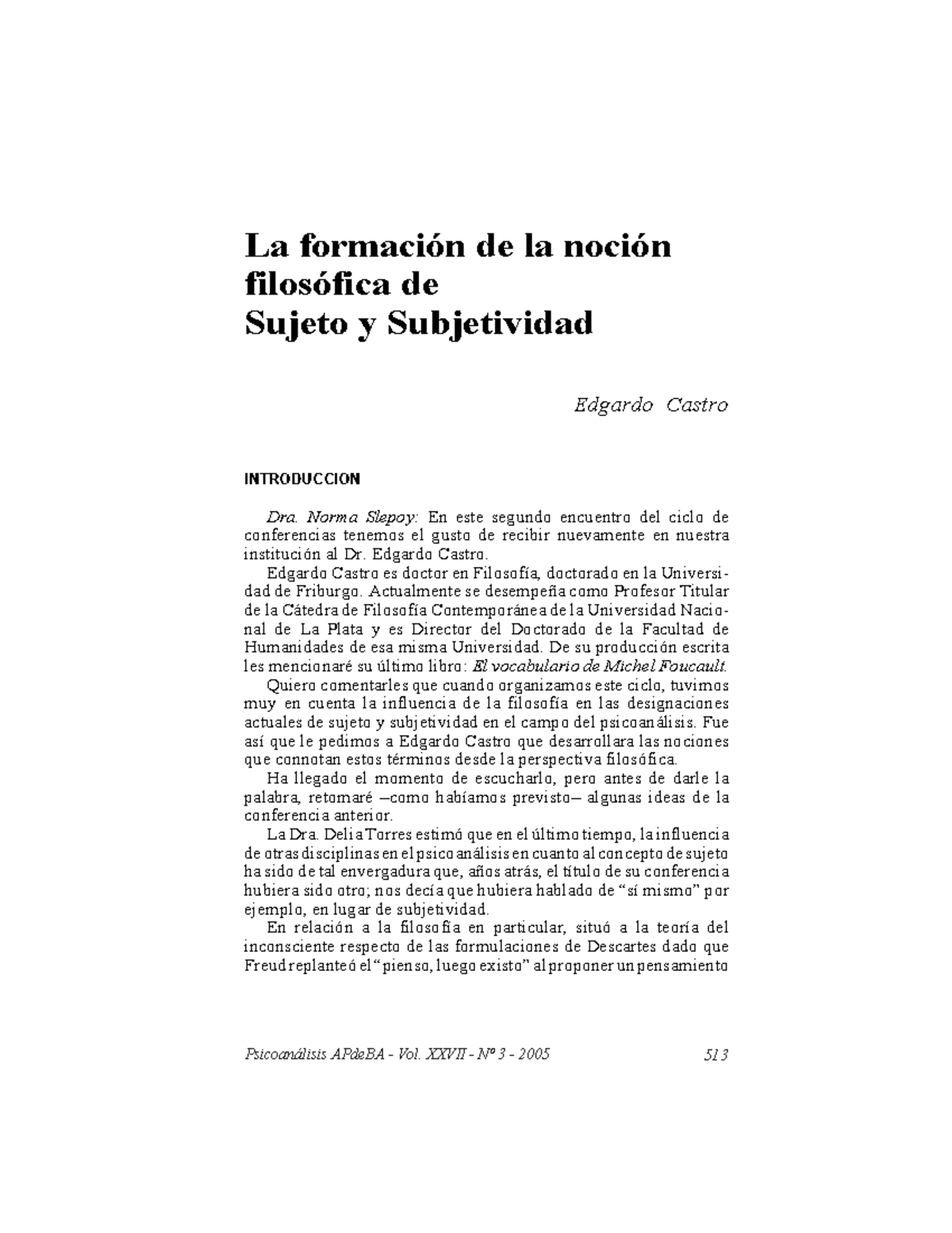 Edgardo Castro- Sujeto moderno - Psicoanálisis APdeBA - Vol. XXVII - Nº ...