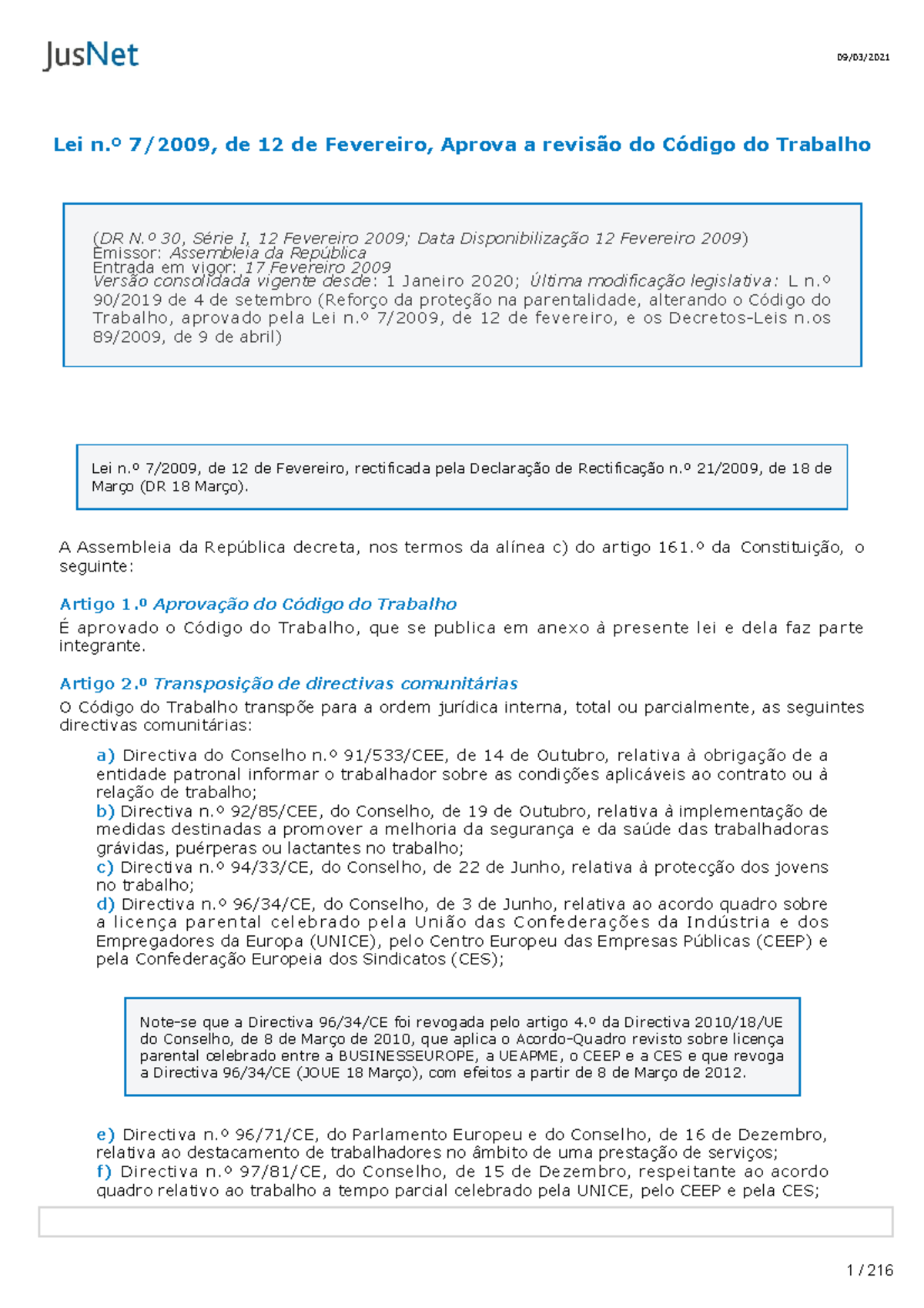 Código DO Trabalho - ... - Lei n.º 7/2009, de 12 de Fevereiro, Aprova a ...