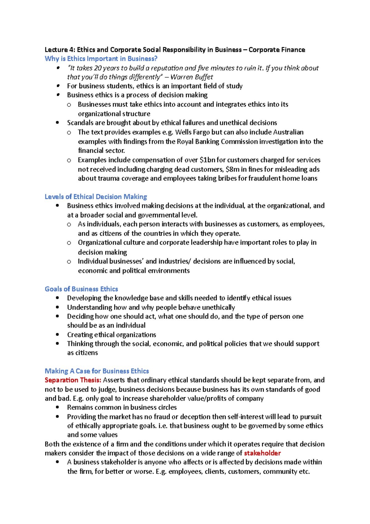 Lecture 4- Ethics & Corporate Social Responsibility - Lecture 4: Ethics ...