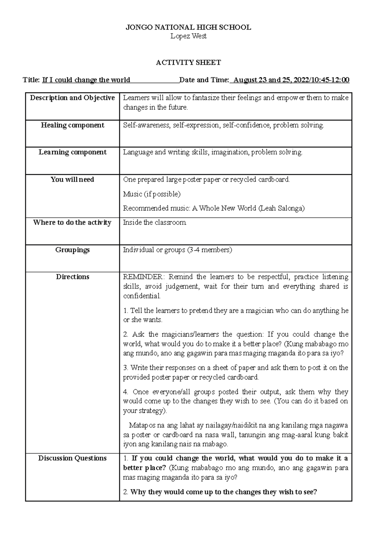 If I Could Change the World - JONGO NATIONAL HIGH SCHOOL Lopez West ...