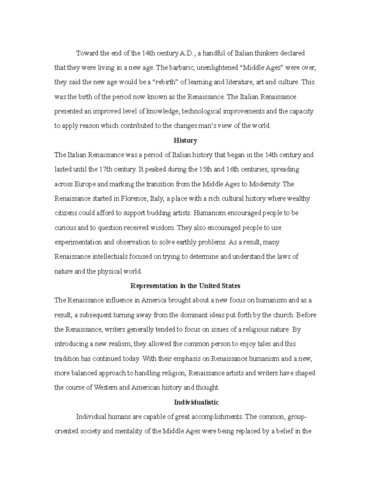 Italian Renaissance - Signature Assignment - Toward the end of the 14th ...