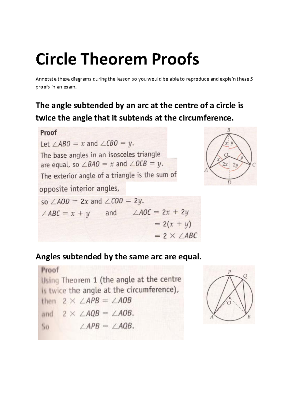 Circle+theorem+proofs - Circle Theorem Proofs Annotate these diagrams ...
