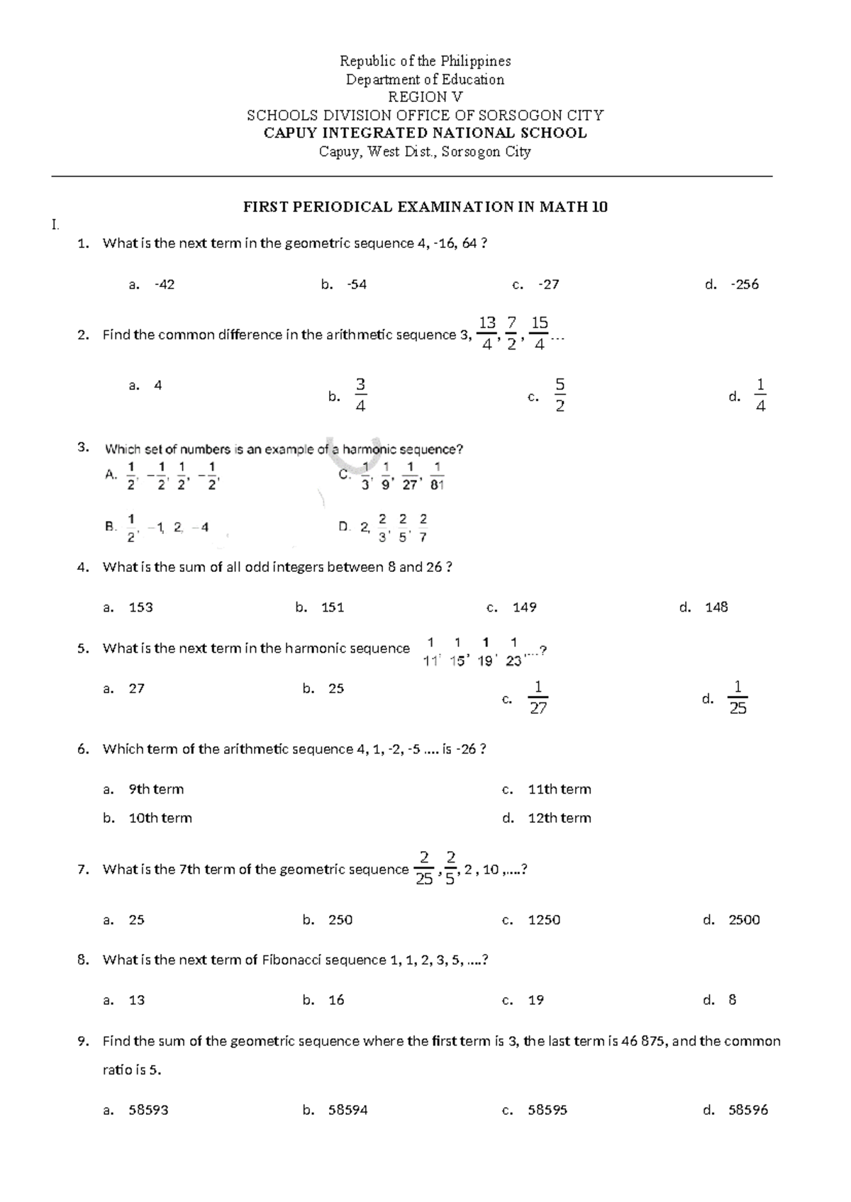 Math 10 - periodical exam - Republic of the Philippines Department of ...