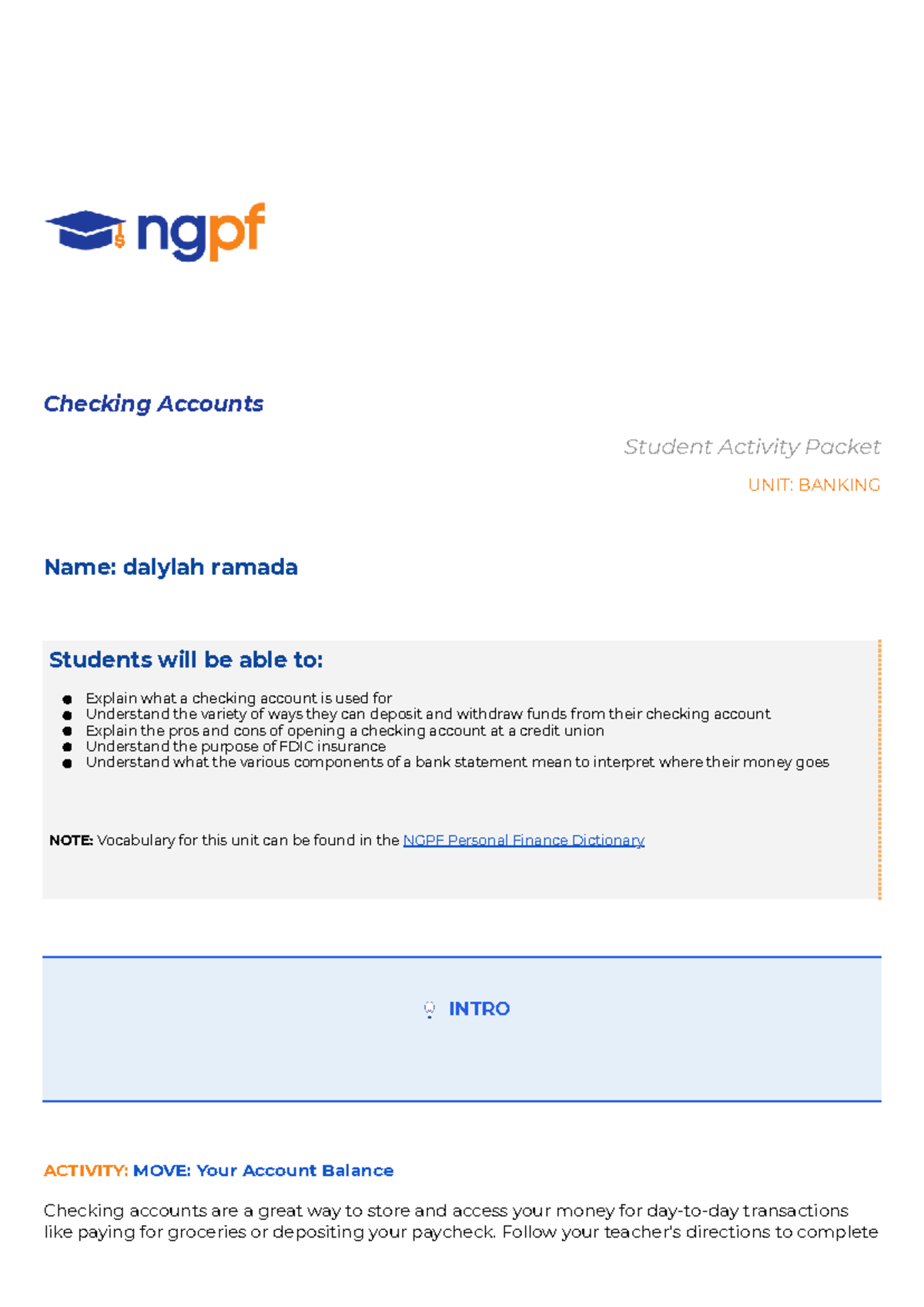 Checking Accounts Student Activity Packet - Checking Accounts Student ...