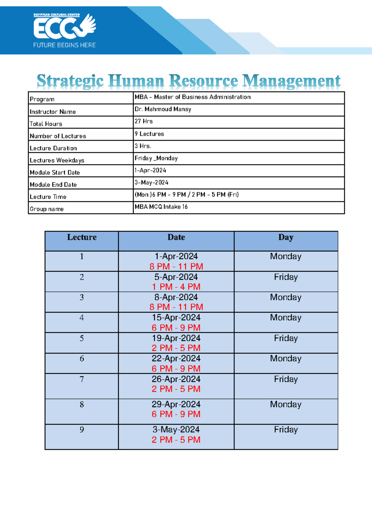 Course plan - Dr. Mahmoud Mansy MCQ 16 TTV - Program MBA - Master of ...