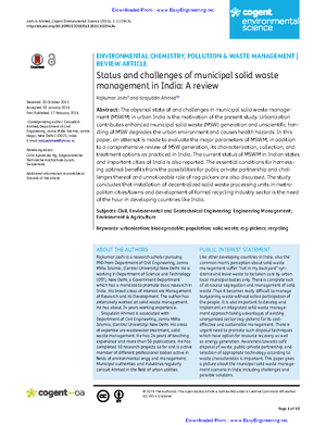 Solid Waste Management - Unit-1 WASTE CLASSIFICATION AND REGULATOR ...