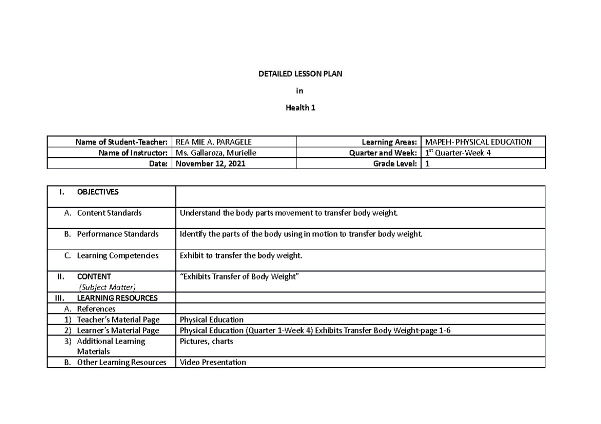DLP- Health in Grade 1 - “Exhibits Transfer of Body Weight" - DETAILED ...