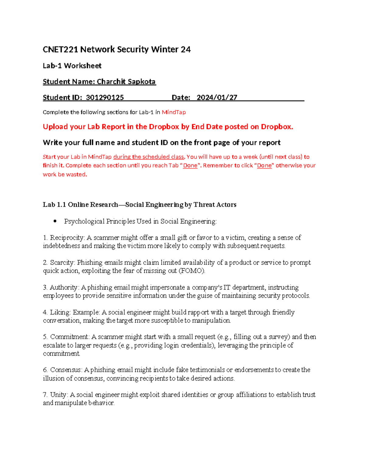 Lab-1 Worksheet - LAB 1 - CNET221 Network Security Winter 24 Lab-1 ...