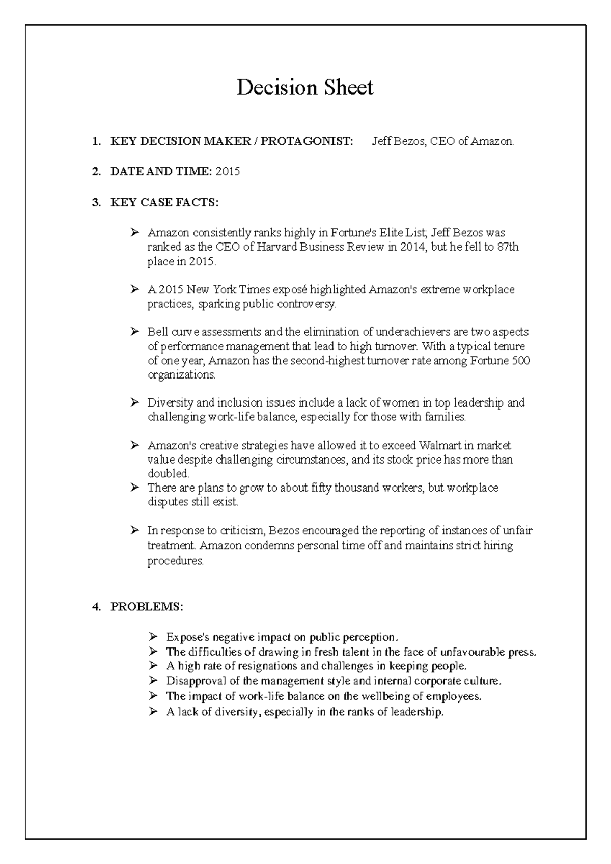 Amazon case - Look into it - Decision Sheet KEY DECISION MAKER ...