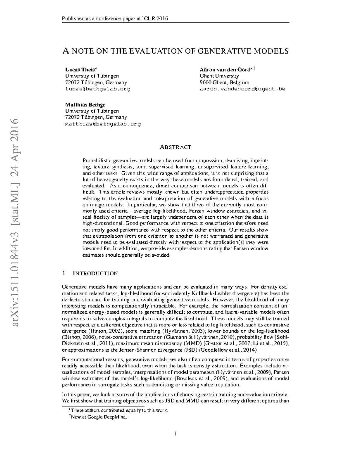 1511 - A NOTE ON THE EVALUATION OF GENERATIVE MODELS Lucas Theis∗ ...
