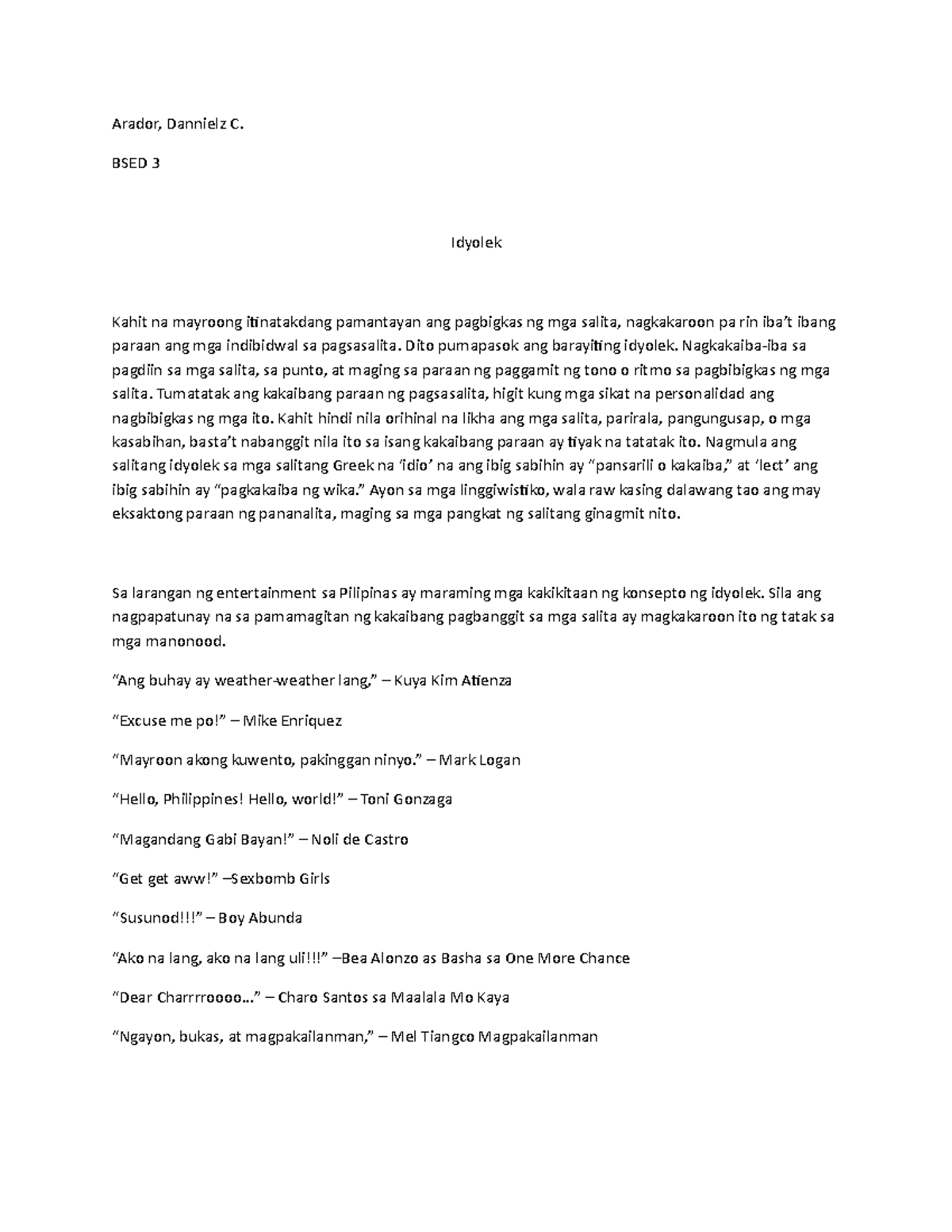 Idyolek (Handouts) -WPS Office - Arador, Dannielz C. BSED 3 Idyolek ...