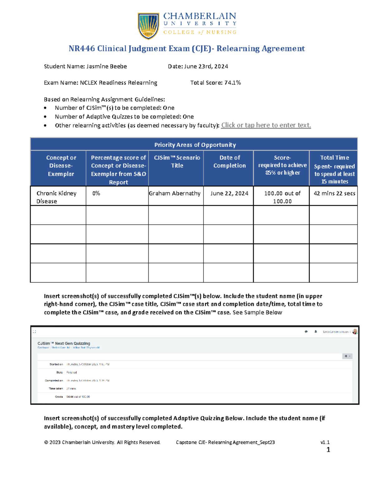 Benchmark Agreement Week 7 - NR446 Clinical Judgment Exam (CJE ...