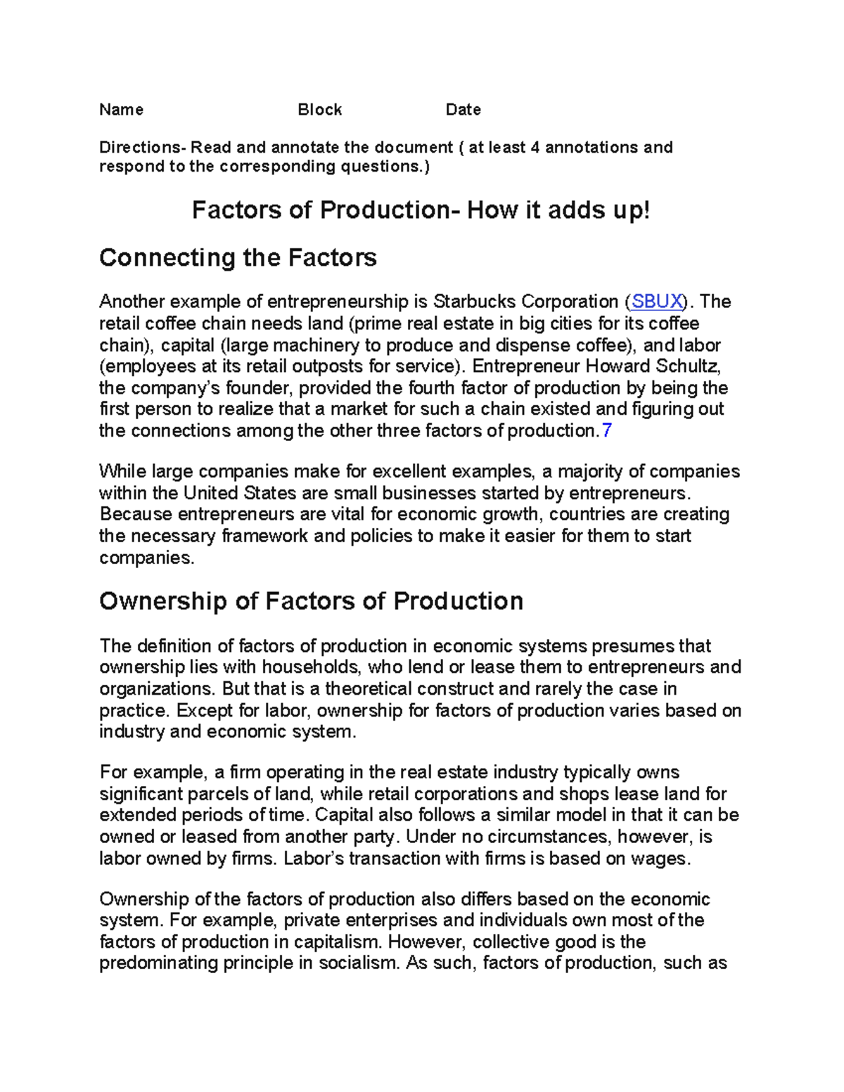 Lesson 5- Factors of Production reading - Name Block Date Directions ...