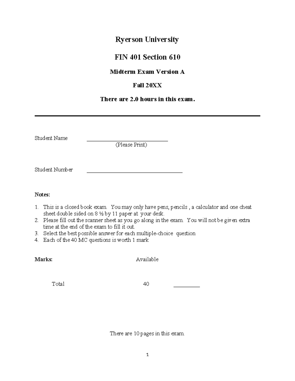 FIN 401 Midterm Sample - idk - Ryerson University FIN 401 Section 610 Midterm Exam Version A ...