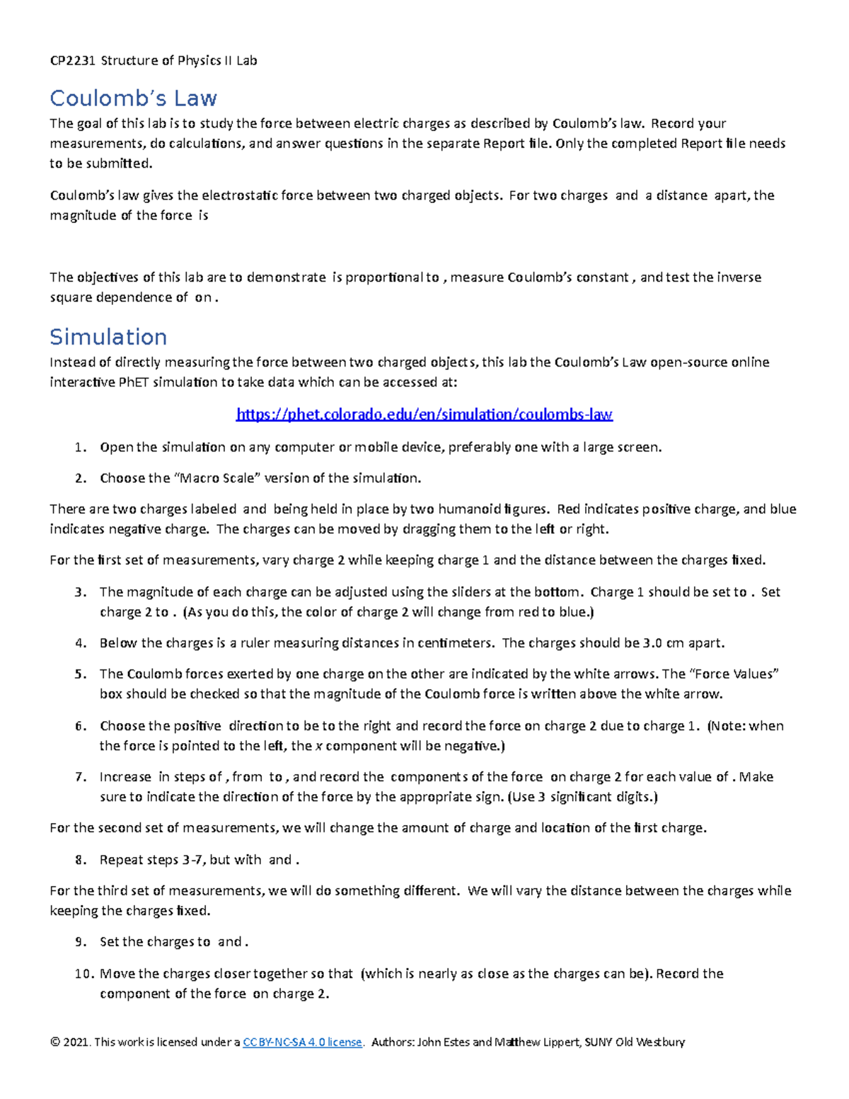 2 - Coulomb's Law - simulation - CP2231 Structure of Physics II Lab ...
