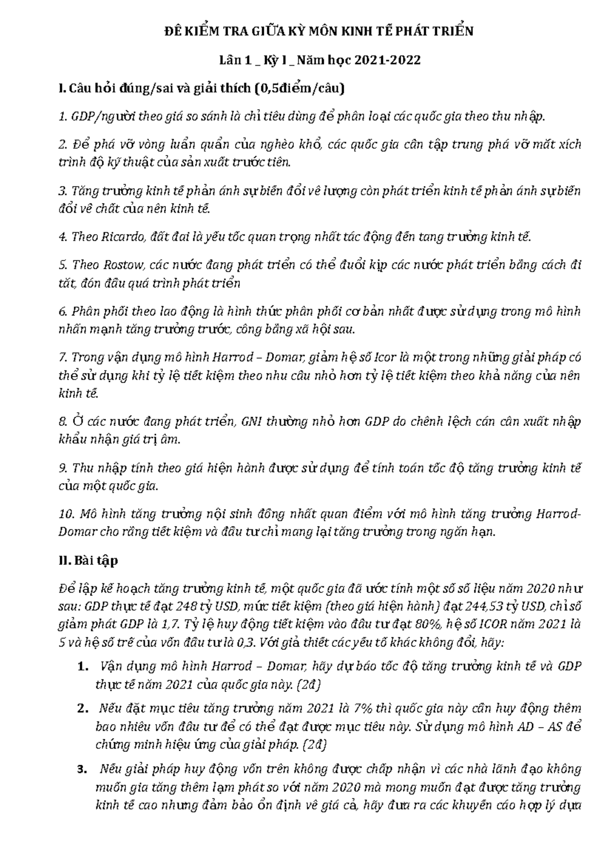 De-Kinh tế phát triển 2021 - ĐỀỀ KI M TRA GI A KỲ MÔN KINH TỀẾ PHÁT TRI N Ể Ữ Ể Lầần 1 _ Kỳ I ...