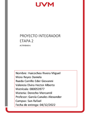 A4 MHR - Tarea - SOCIEDADES MERCANTILES ACTIVIDAD 4. PROYECTO INTEGRADOR ETAPA 1 Nombre ...