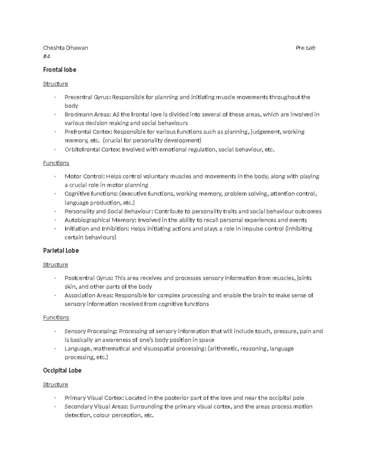 Pre Lab #4 - Pre and Post Labs - Cheshta Dhawan Pre Lab Frontal lobe ...