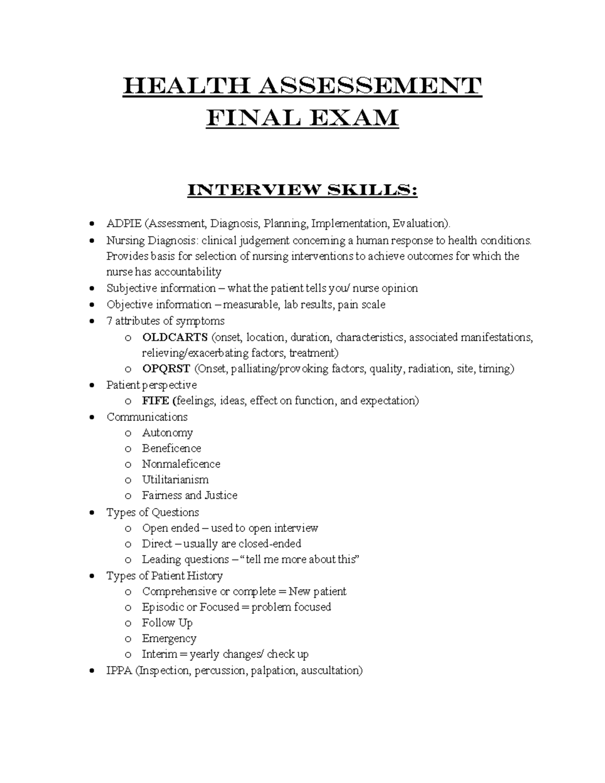 Health Assessement Final EXAM - HEALTH ASSESSEMENT FINAL EXAM INTERVIEW ...