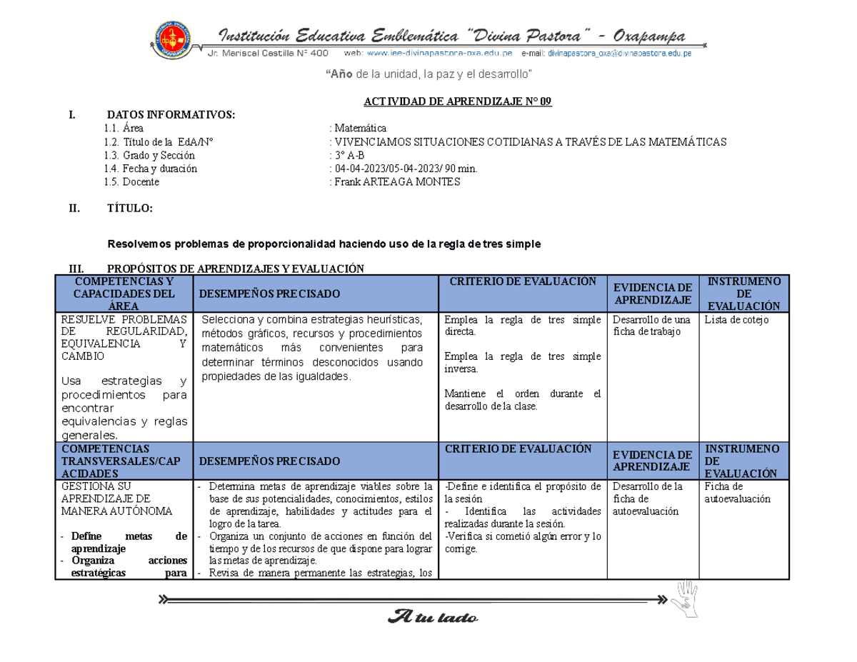 Sesion 09 - Sesión de aprendizaje - ACTIVIDAD DE APRENDIZAJE N° 09 I. DATOS INFORMATIVOS: 1 ...