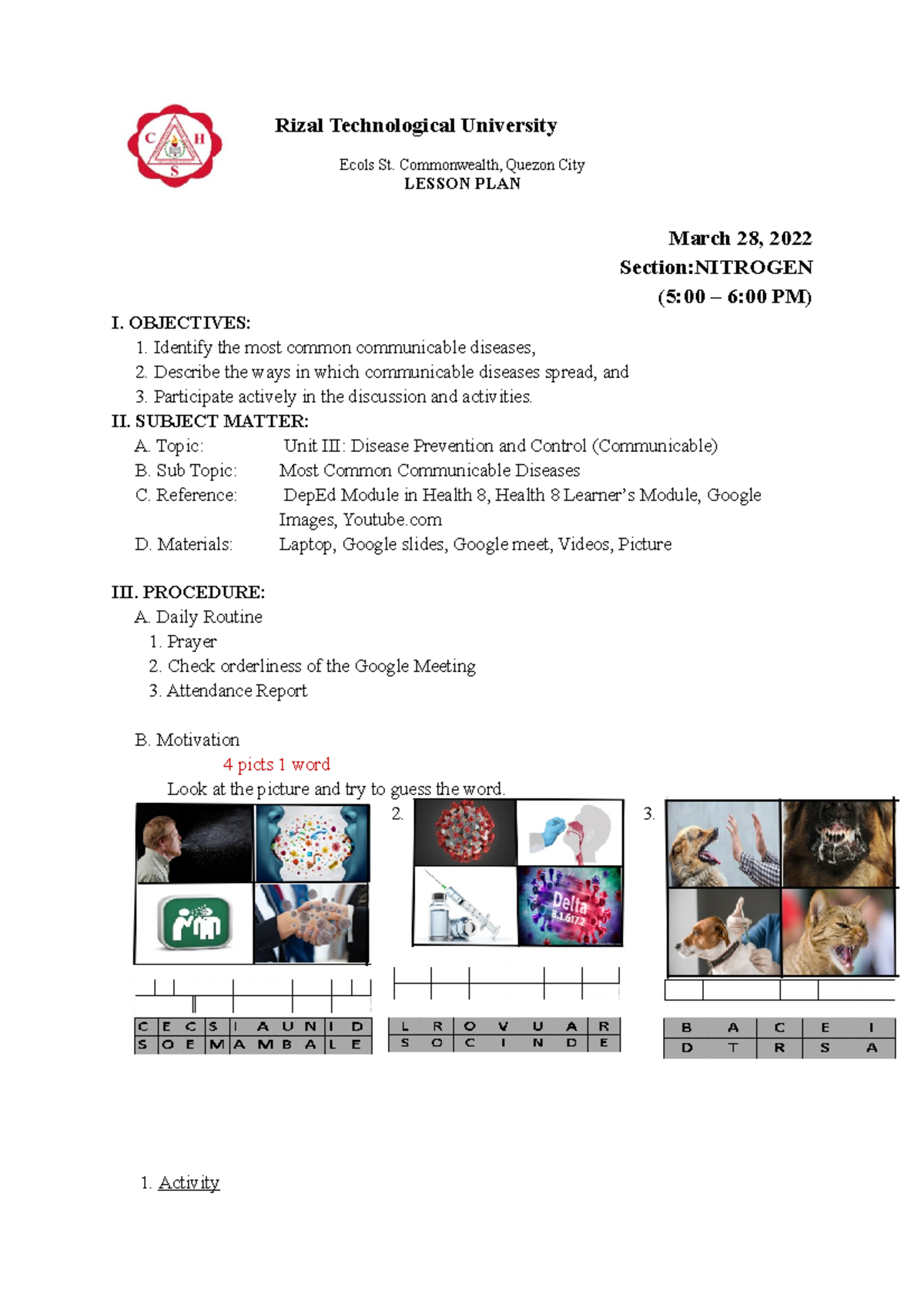 Final Lesson PLAN NSTP - ..... - Rizal Technological University Ecols St. Commonwealth, Quezon ...