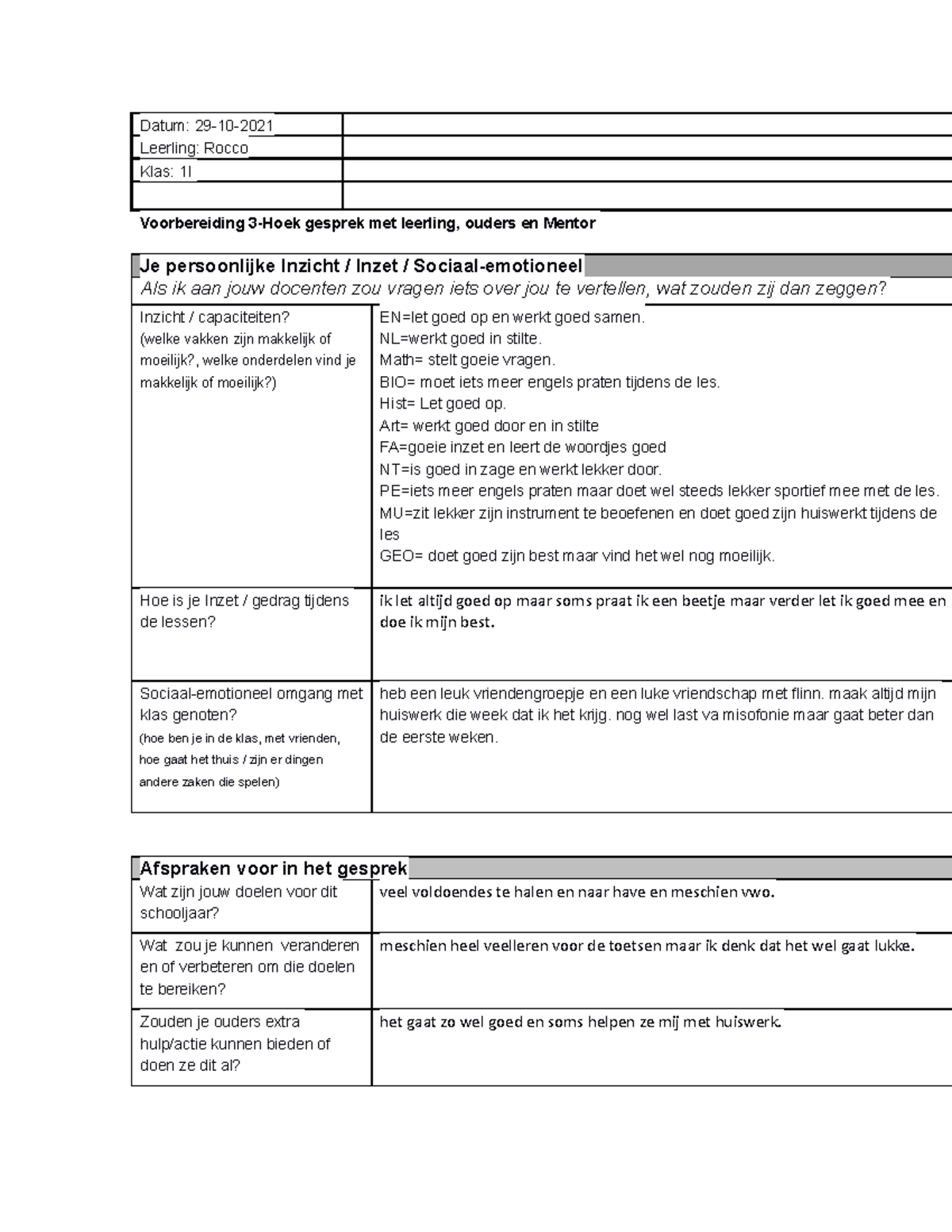 Leerling invullijst 1ste Driehoeksgesprek oktober 2021 - Datum: 29-10 ...