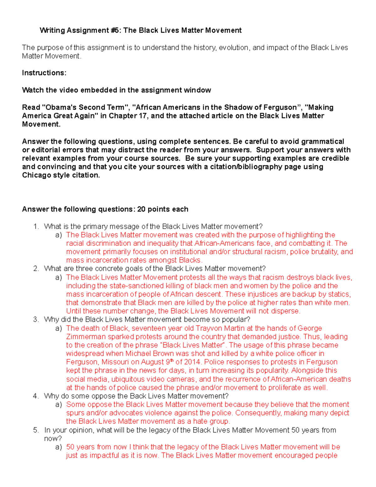 Writing Assignment the black lives matter movement - Writing Assignment ...