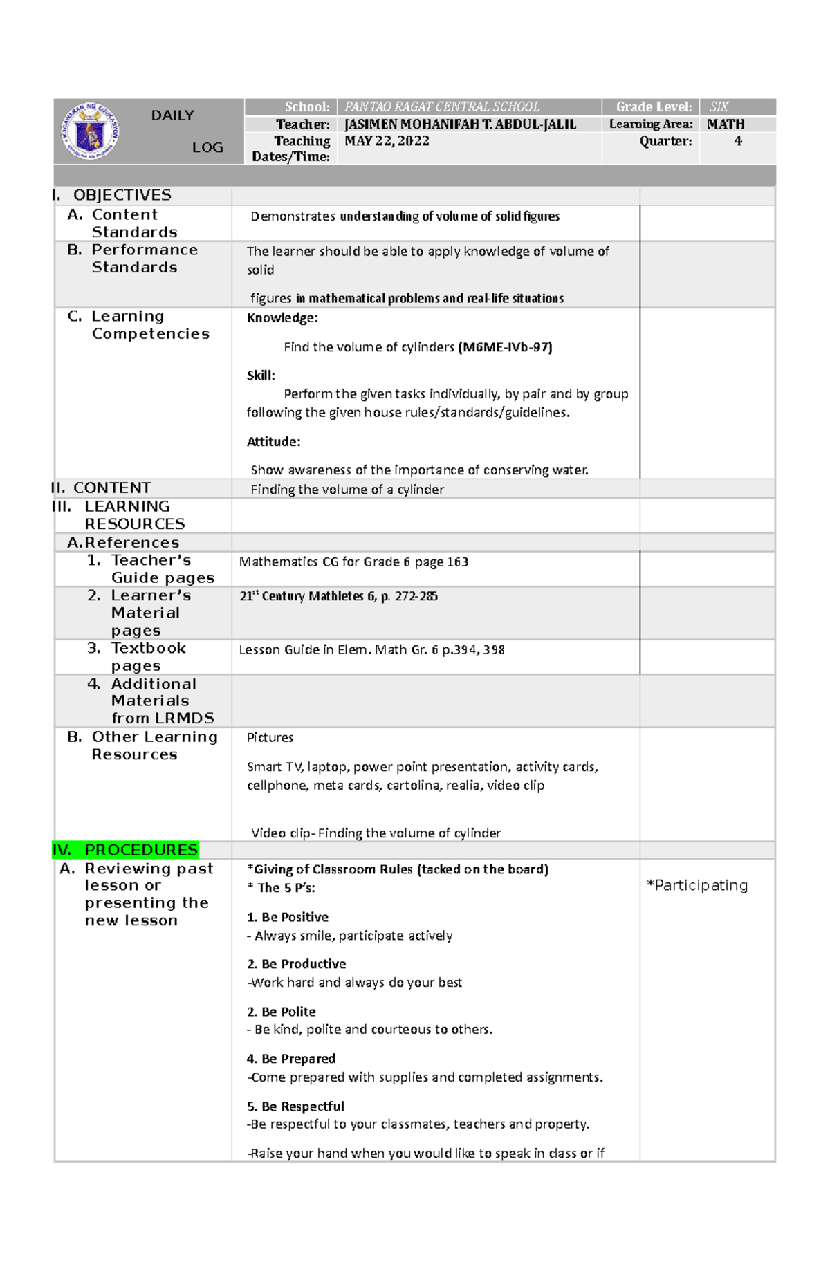 MATH-6-COT - DAILY LESSON LOG School: PANTAO RAGAT CENTRAL SCHOOL Grade Level: SIX Teacher ...