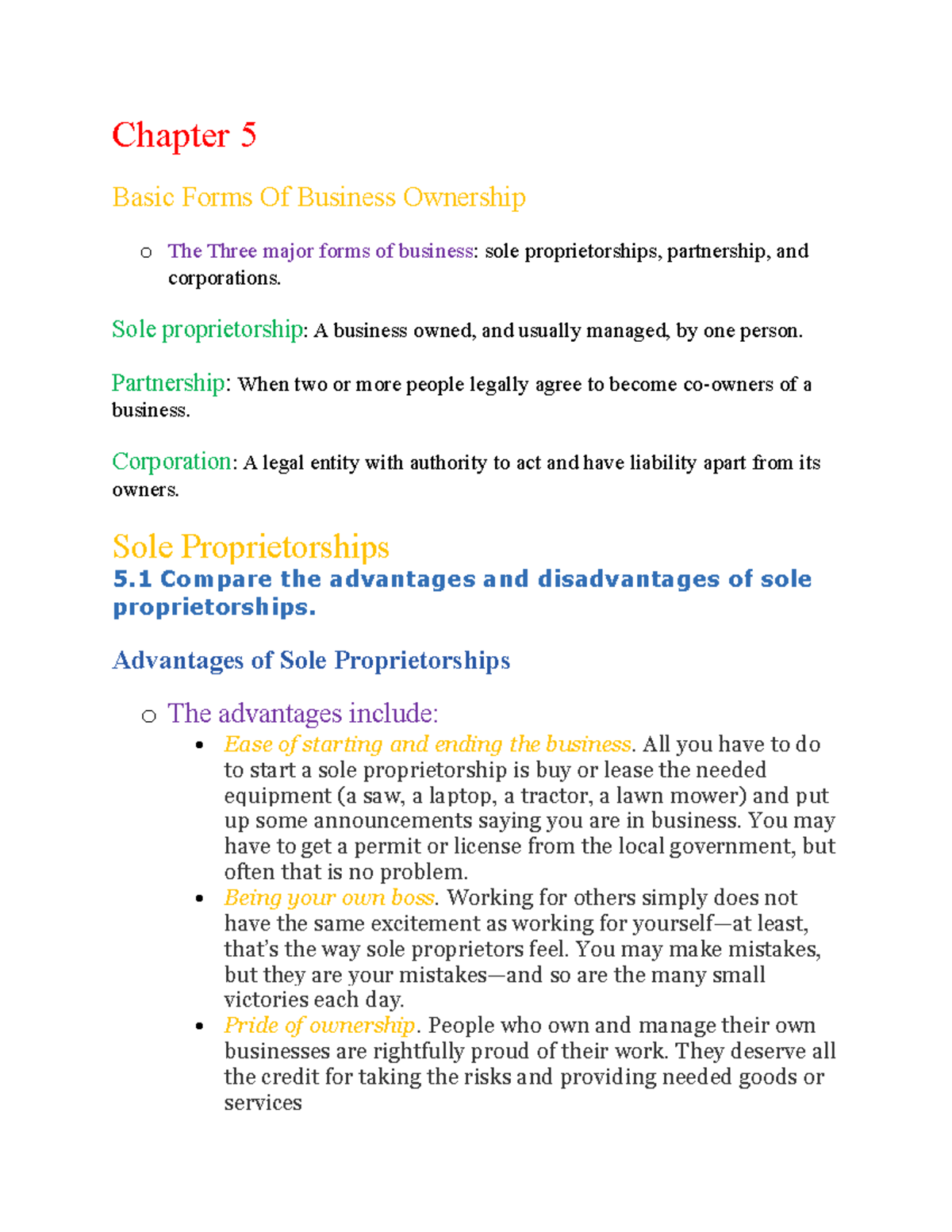 Chapters Review Chapter 5, 6, 7, 10 - Chapter 5 Basic Forms Of Business ...