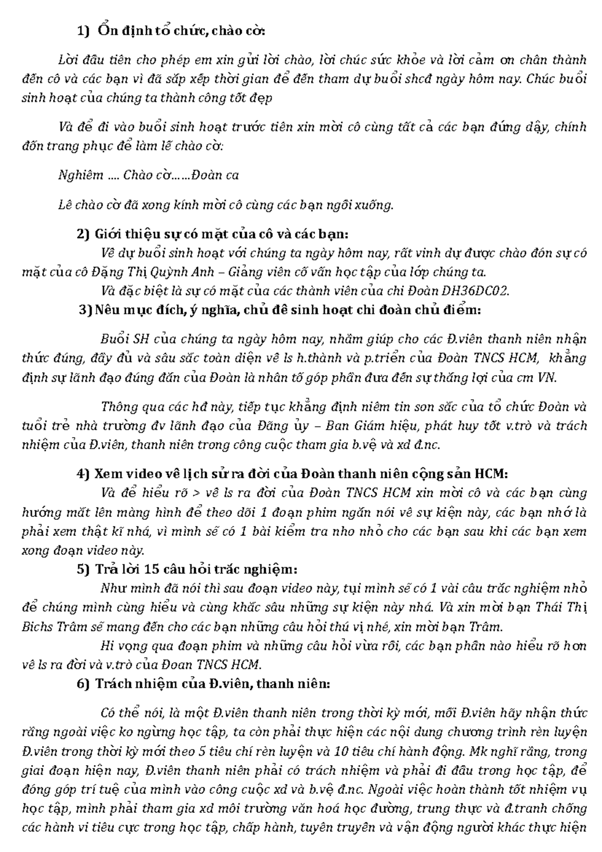 Script SHCĐ - Ổn đ nh t ị ổ ch ức, chào c ờ: L i đầầu tiên cho phép em ...
