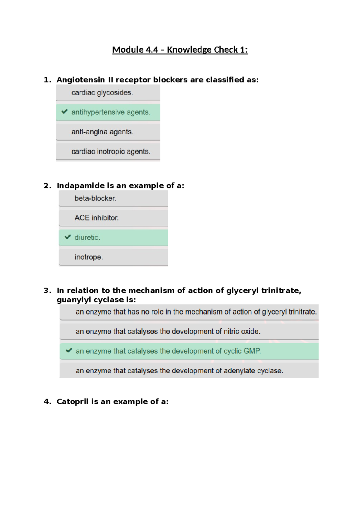 Module 4.4 - Knowledge Check 1 - Module 4 – Knowledge Check 1: Angiotensin II receptor blockers ...