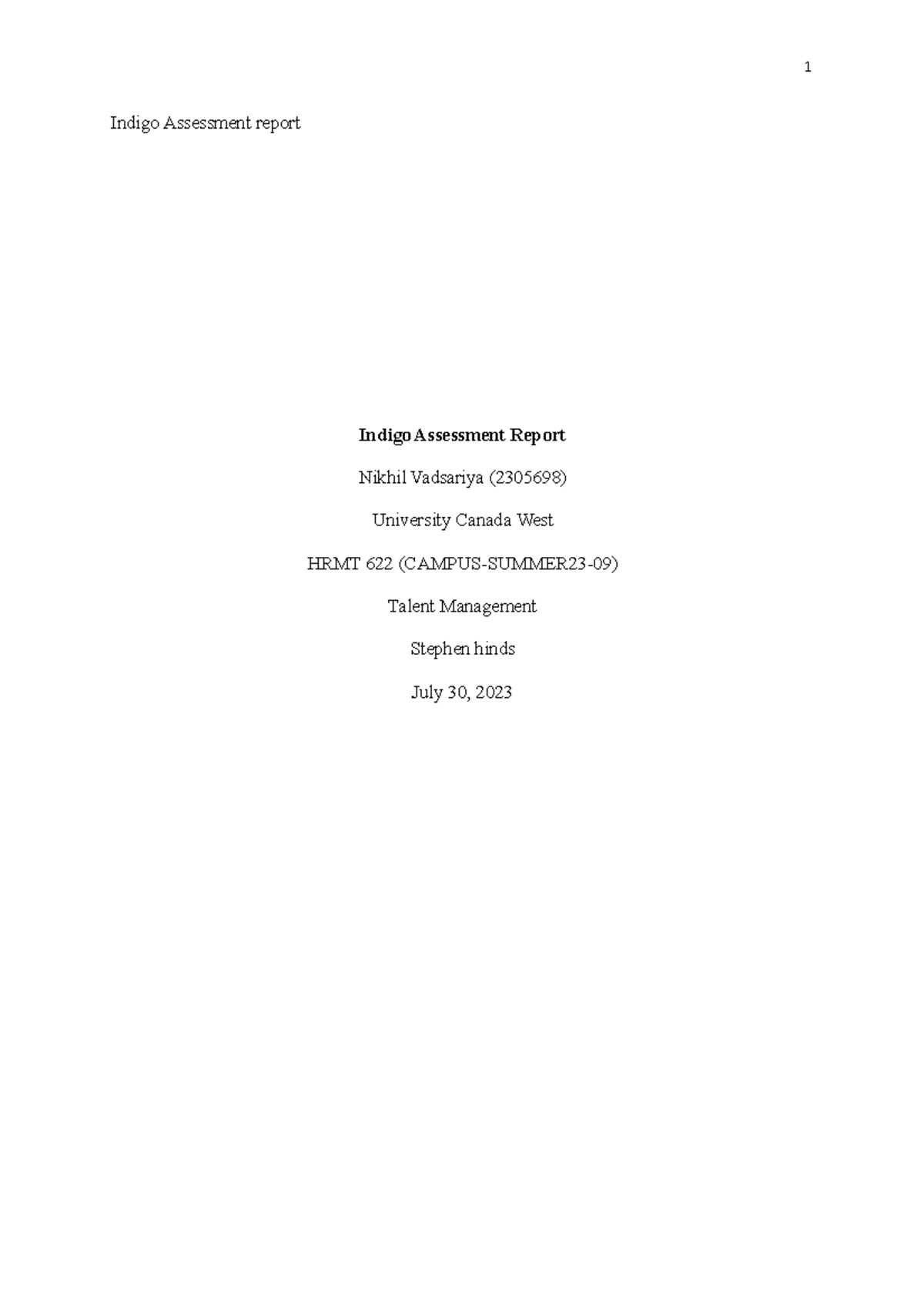 Nikhil Indigo assestment - Indigo Assessment report Indigo Assessment ...