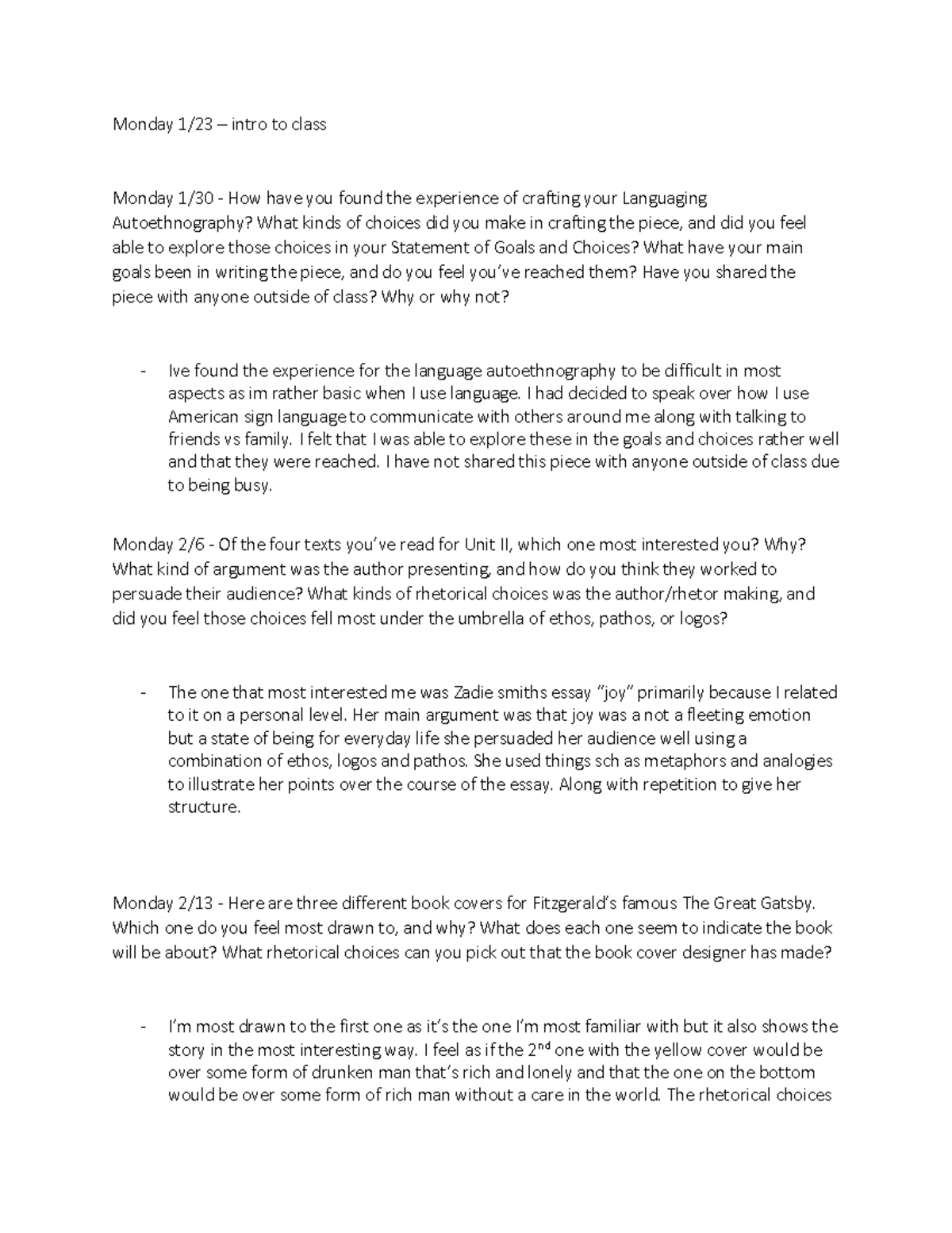 Journal midterm grade - Monday 1/23 – intro to class Monday 1/30 - How ...