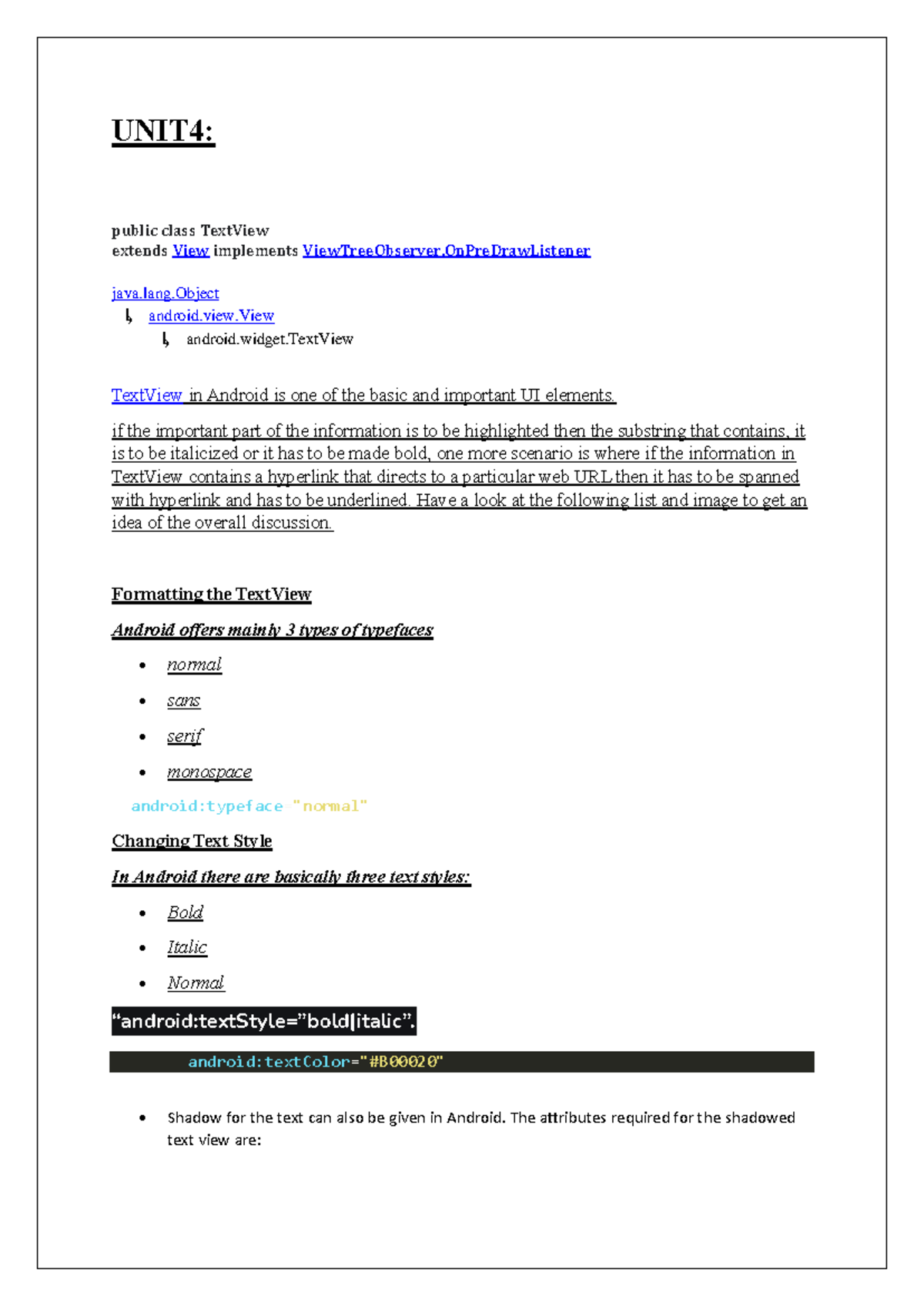 UNIT4 - Summary computer engg - UNIT4: public class TextView extends View implements - Studocu