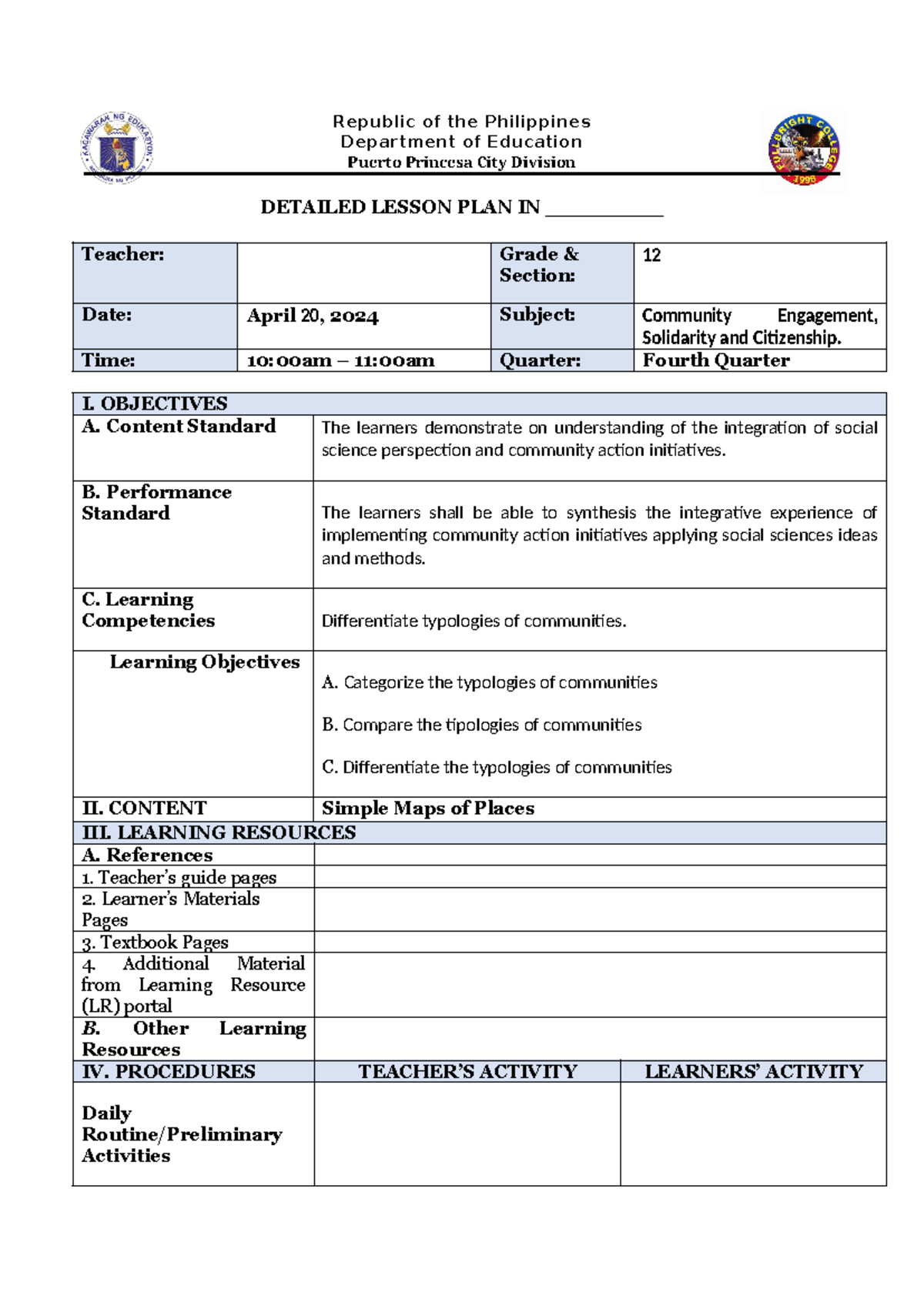 Daily Lesson Plan - Republic of the Philippines Department of Education ...