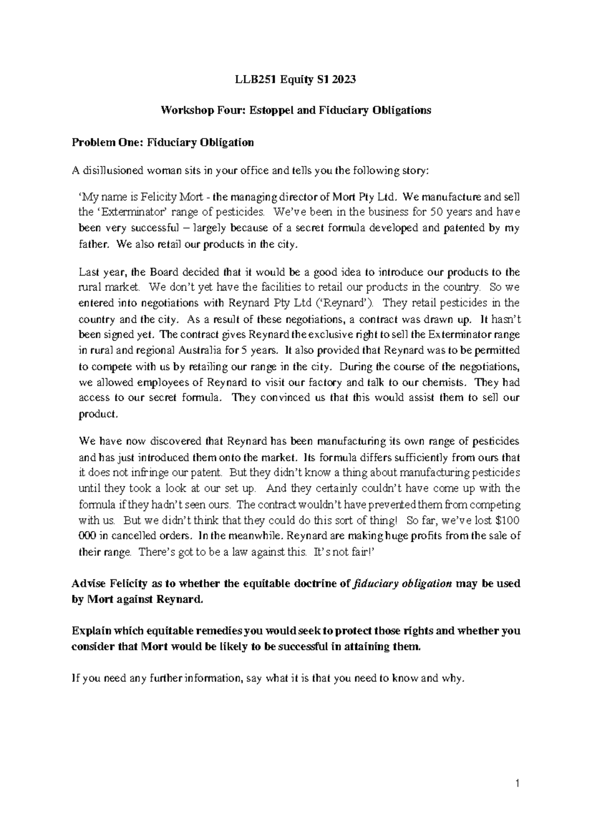 Workshop 4 Fiduciary Obligations - 1 LLB251 Equity S1 202 3 Workshop ...